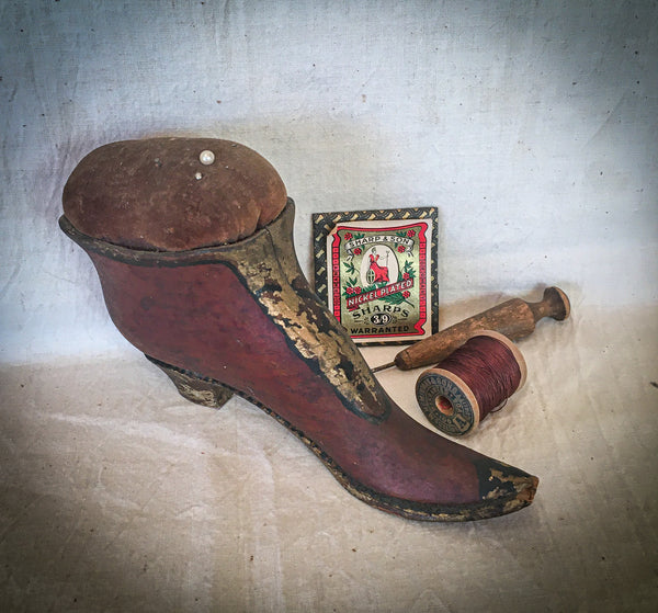 19th Century Wooden Shoe Pin Cushion - Day Trip Treasures