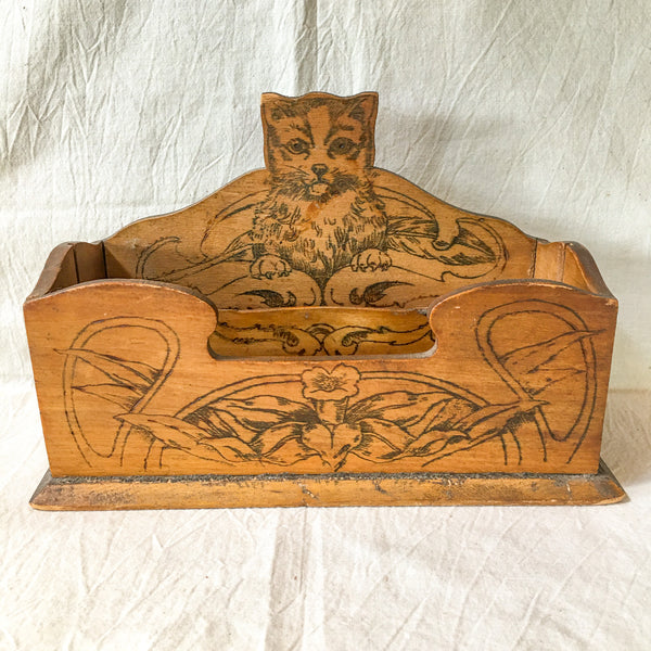 Antique Flemish Art Letter Box, Kitten Motif, Pyrography, c.1900s, New ...