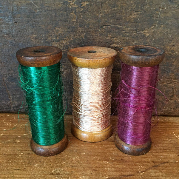 3 Antique Wooden Spools with Silk Thread - Day Trip Treasures