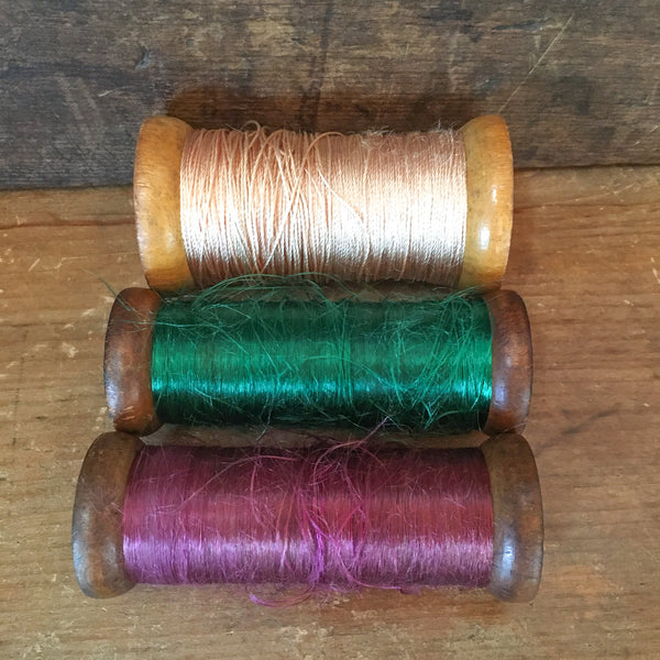 3 Antique Wooden Spools with Silk Thread - Day Trip Treasures