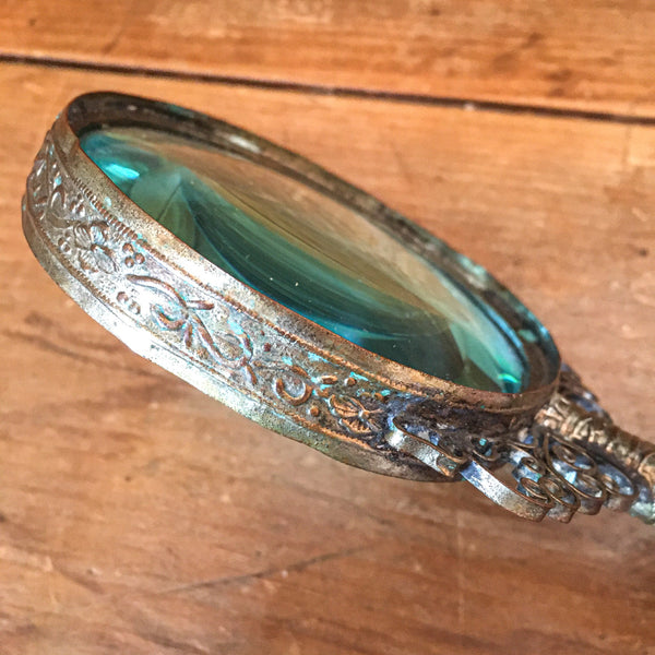 Antique Magnifying Glass, Brass with Jade Handle - Day Trip Treasures