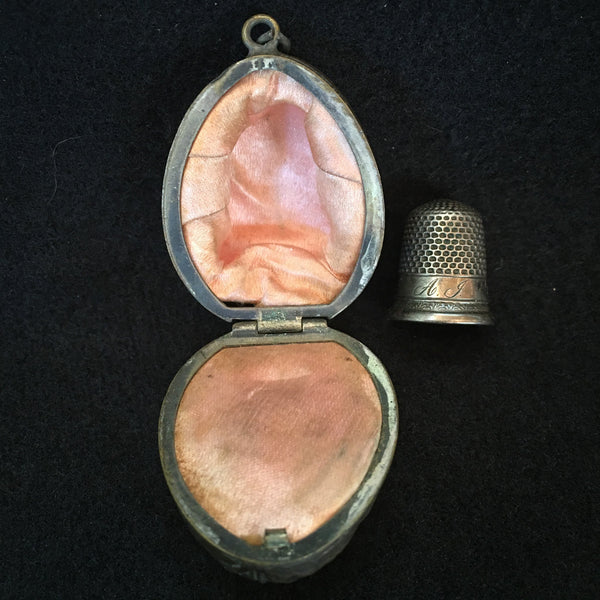 Victorian Era Brass Walnut Thimble Holder with Sterling Silver Thimble ...